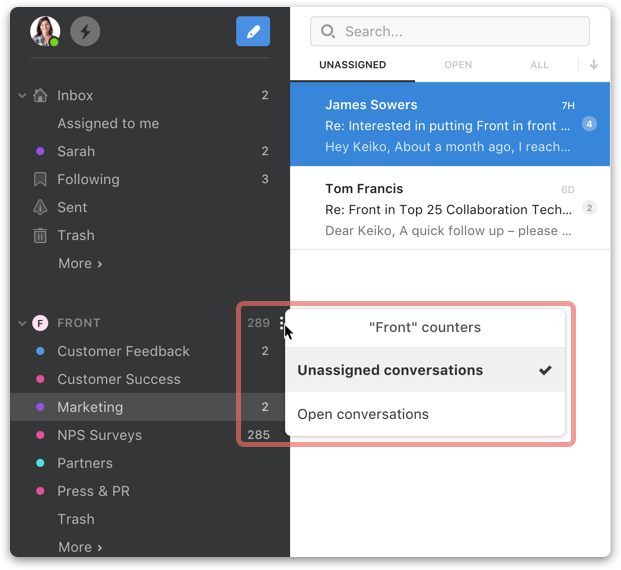 Customize your conversation counters - Front updates