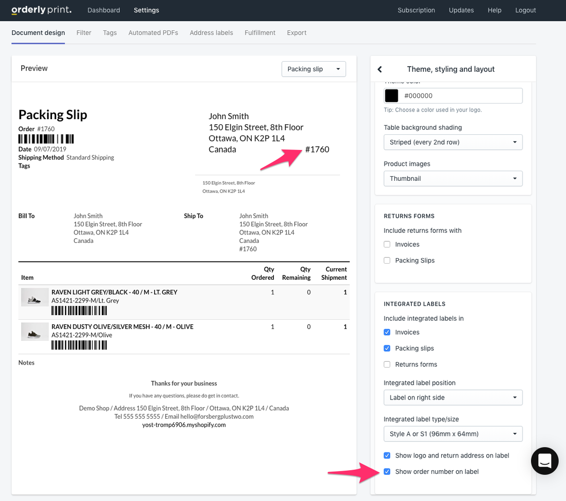 Include the order number on integrated labels - FORSBERGtwo updates