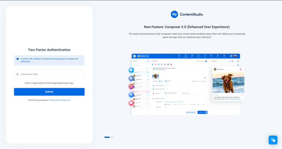 Two Factor Authentication - ContentStudio changelog