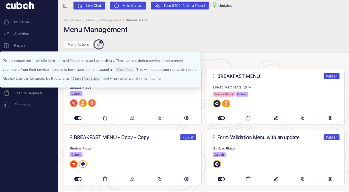Dashboard - New Menu Homepage - Cuboh updates