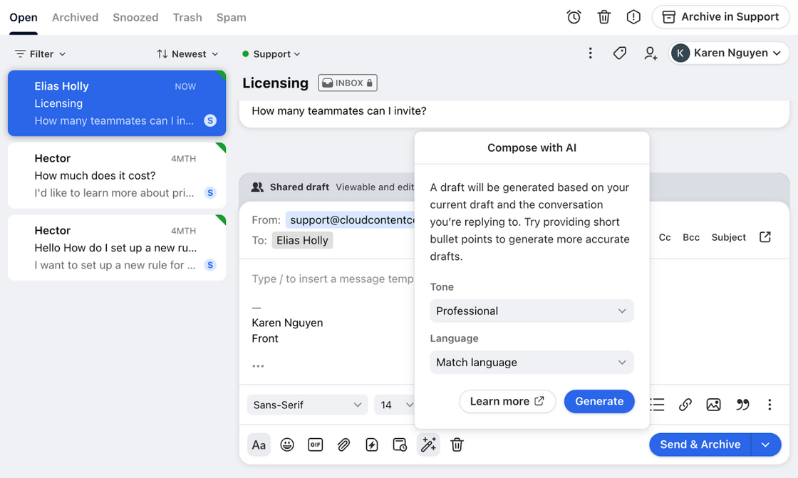 AI capabilities now available in Front - Front updates