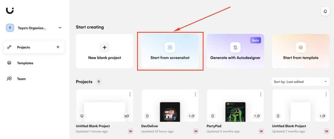 Quickly start a project with Screenshot Scanner - Uizard updates
