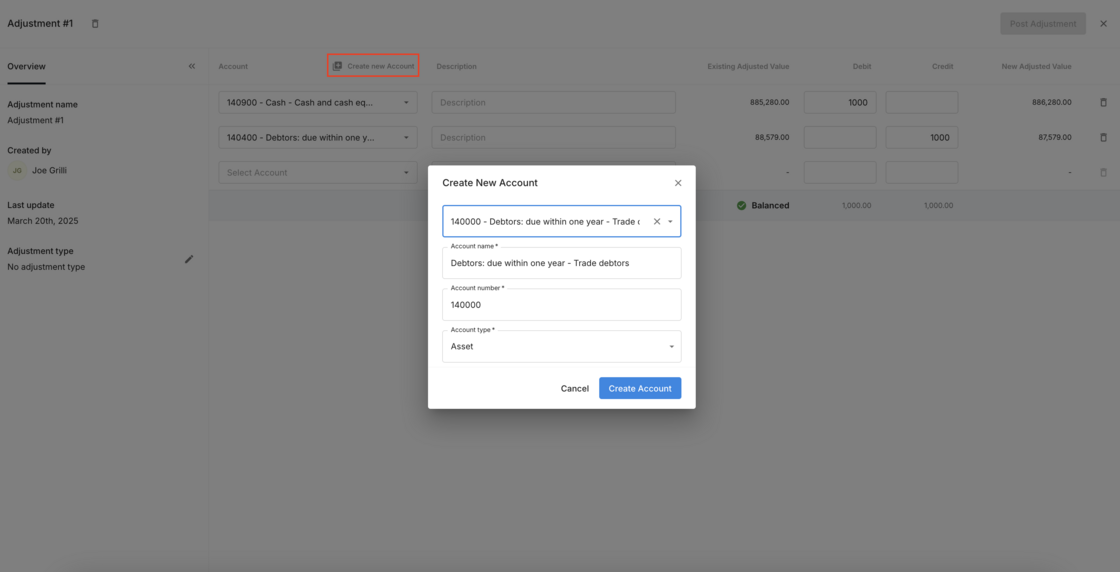 Create new accounts whilst in the adjustment screen - Fieldguide changelog