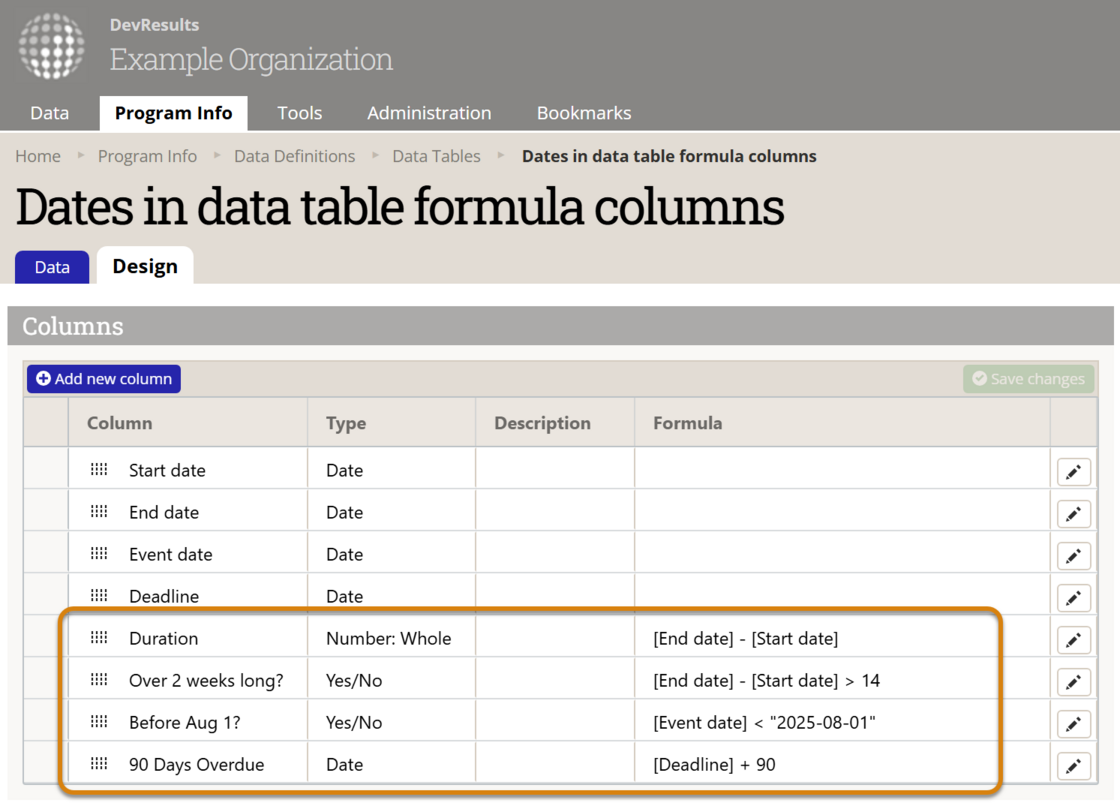 Use dates in data table column formulas - DevResults release notes